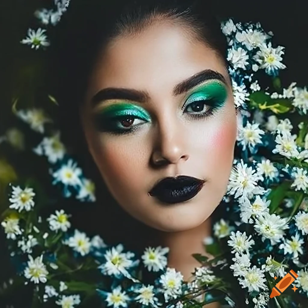 A beautiful young woman portrait with many flowers, makeup, detailed ...