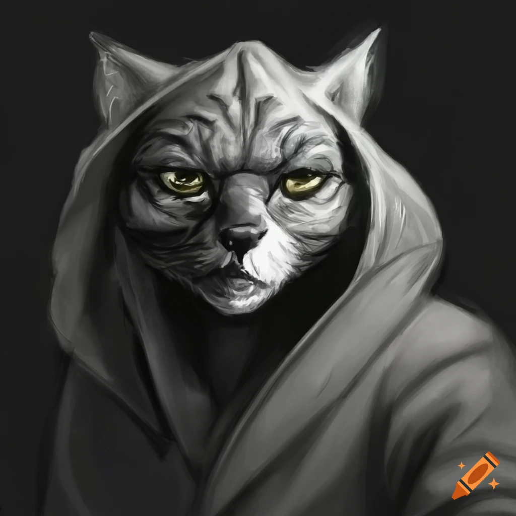 Black and white pencil sketch of a Tabaxi wearing a hood on Craiyon