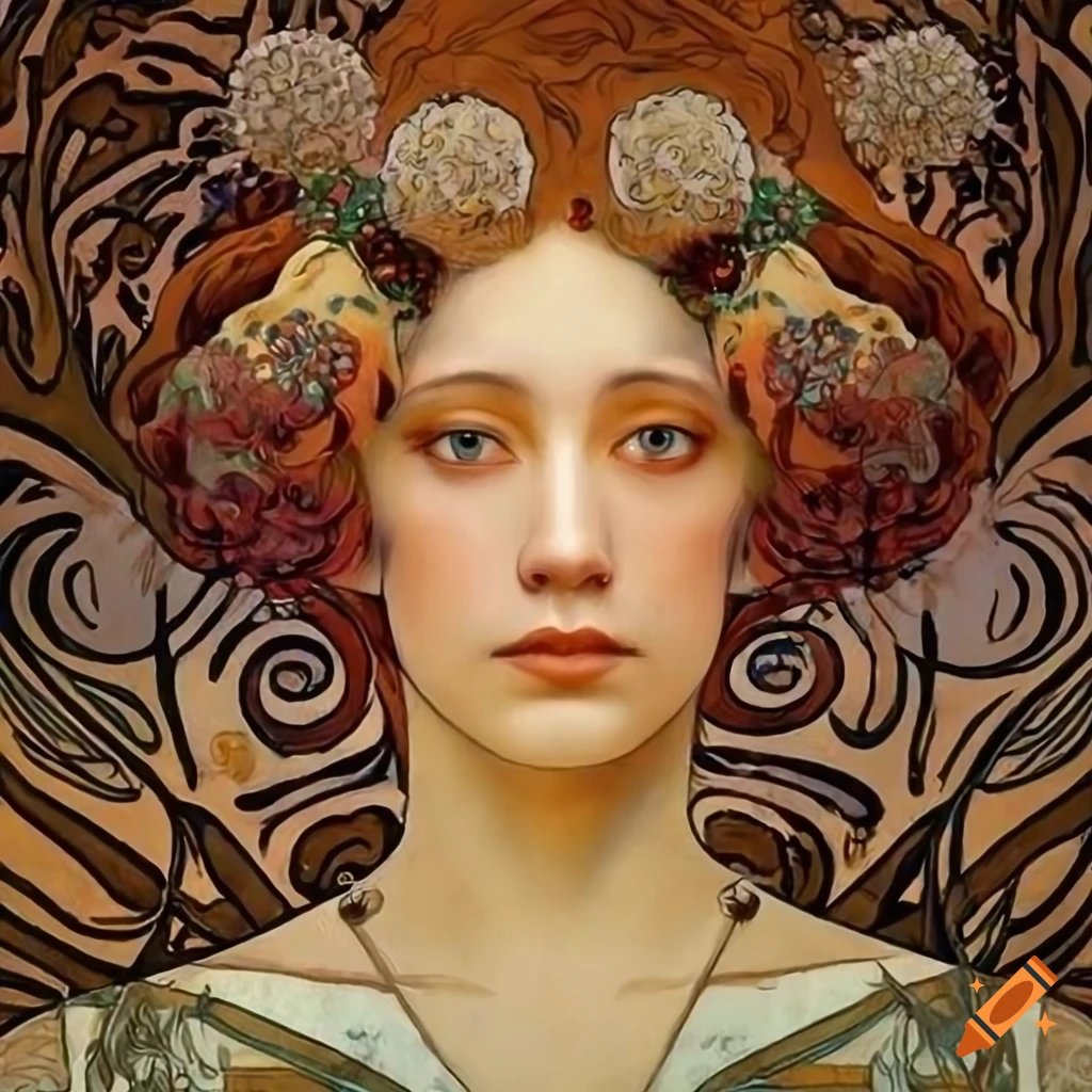 Portrait, detailed,surreal,hair like flowers in the art style of Gustav ...