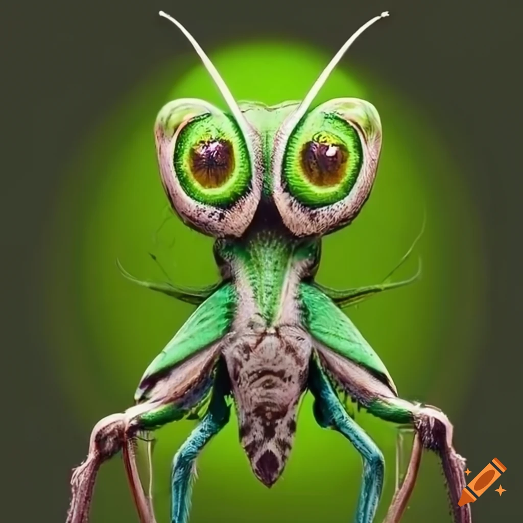 Moth creature riding on back of alien grasshopper green yellow white