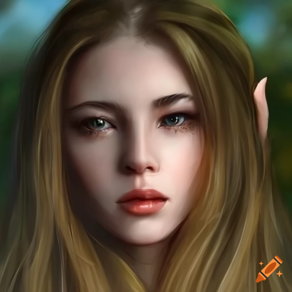 Realistic beautiful calm elf girl in spring breeze with an alluring ...