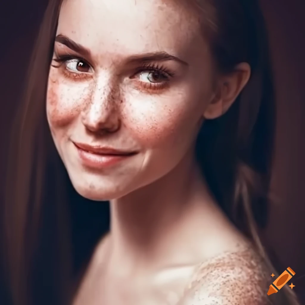 Pretty Young Woman Delicate Freckles Shy Smile Shoulder Length Hair On