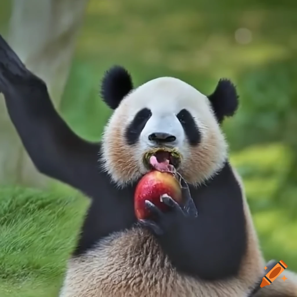 Panda in mid air while eating apple