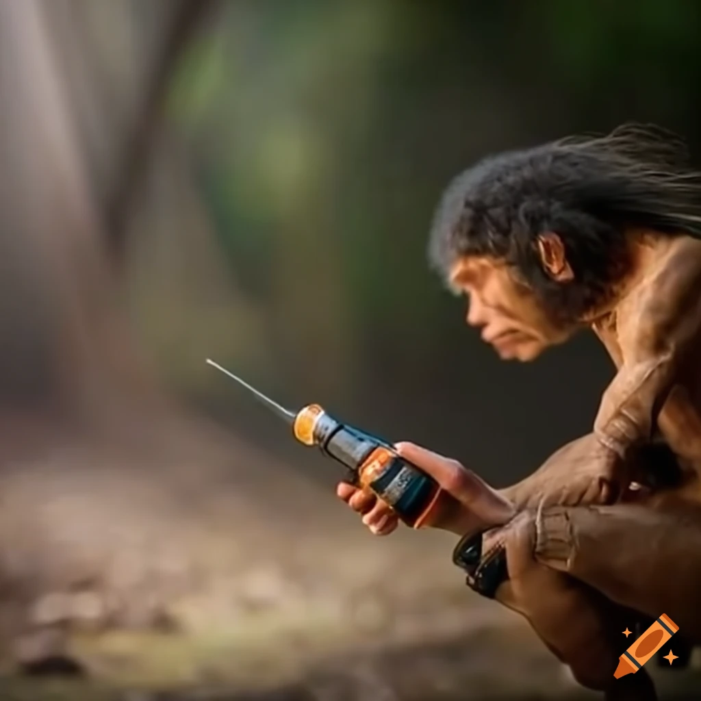 Caveman using a drill and a screwdriver on Craiyon