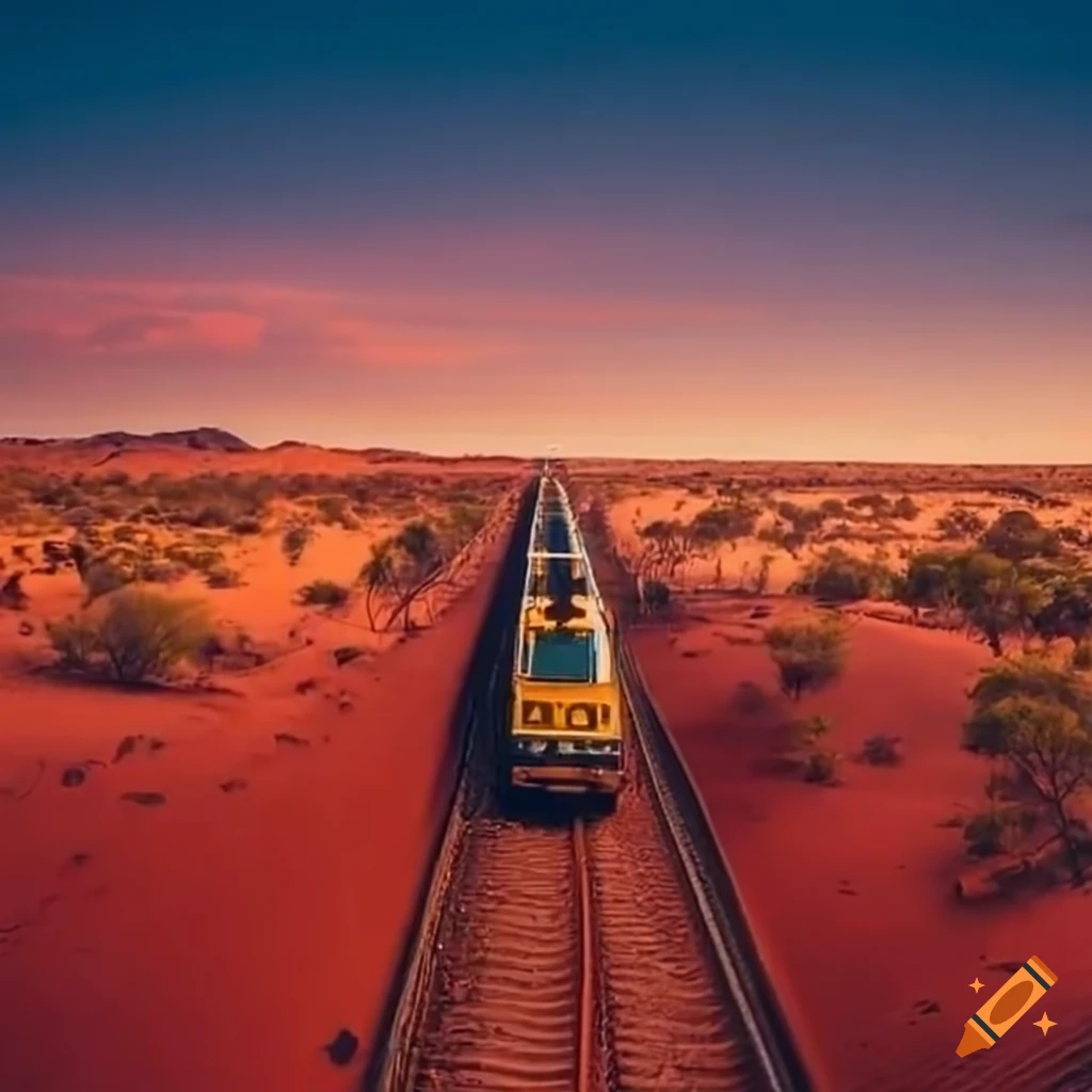 A passenger train travelling through the australian outback with red ...