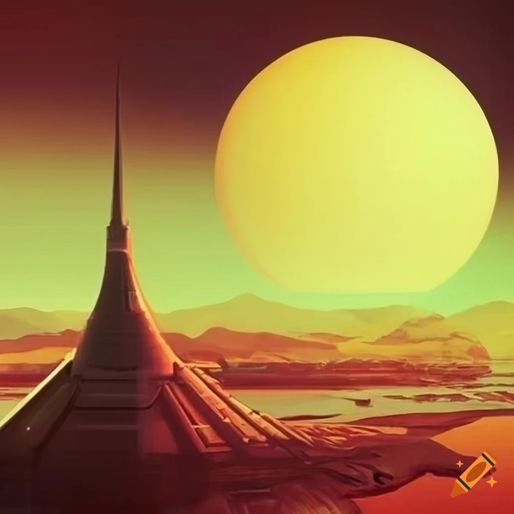 Pale yellow 70s sci fi star machine art