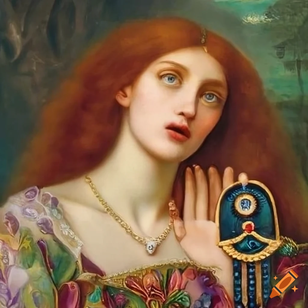 Pre raphaelite painting of hamsa jewelry on Craiyon