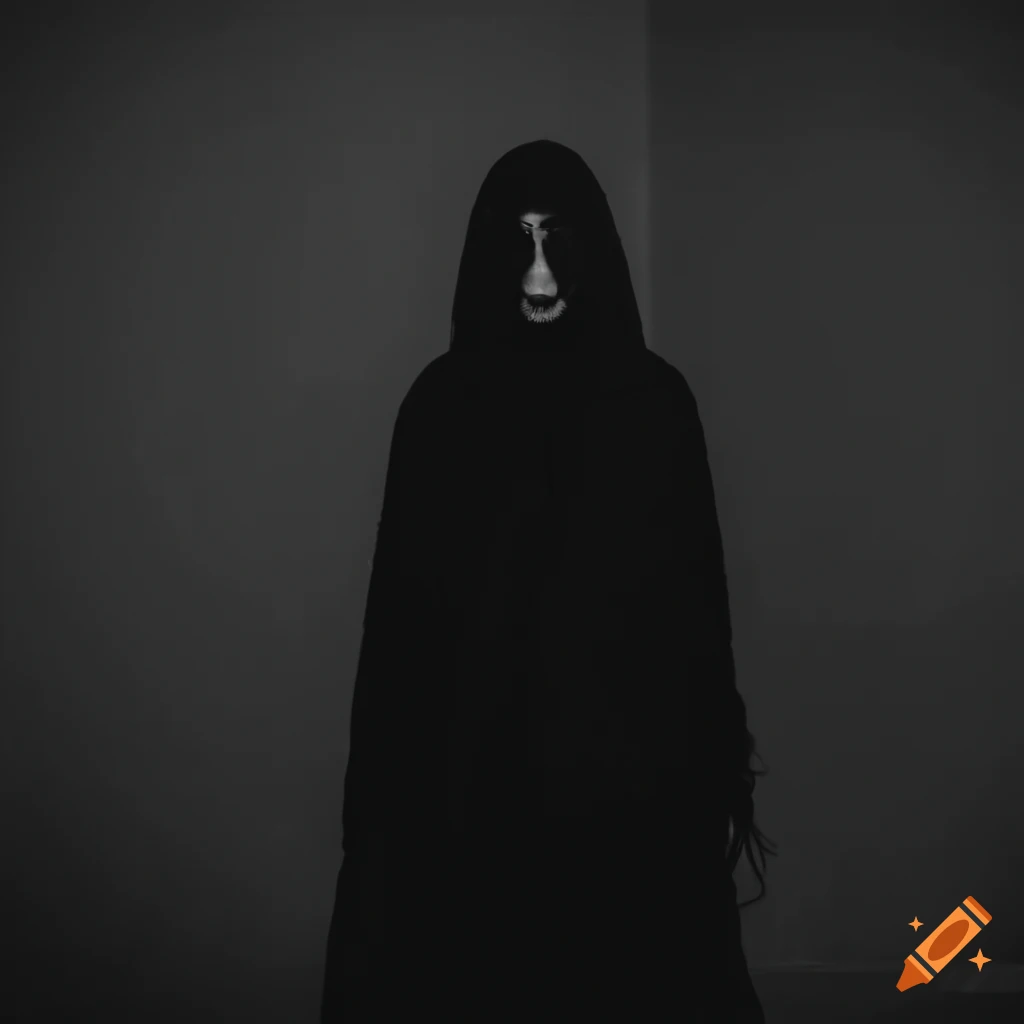 Pale ghost in black clothing standing in a creepy dark room