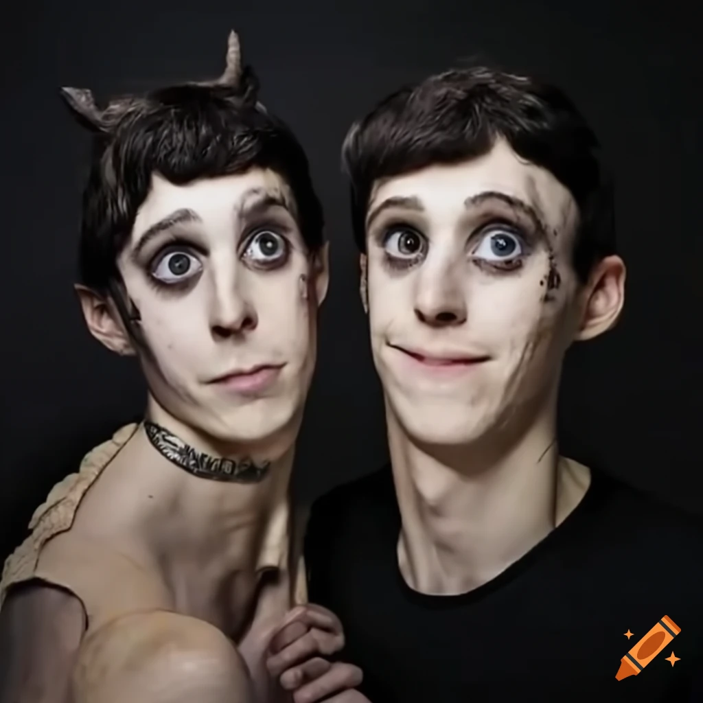 Jerma985 posing with his twin brother in a humorous costume on Craiyon