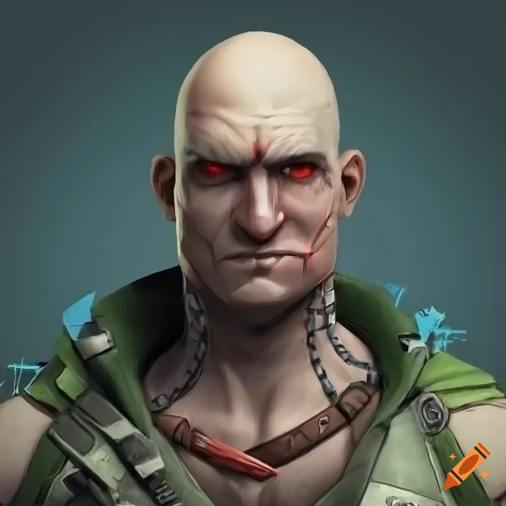 Snake man, bald man, scaled skin, bright hopeful, post apocalyptic ...