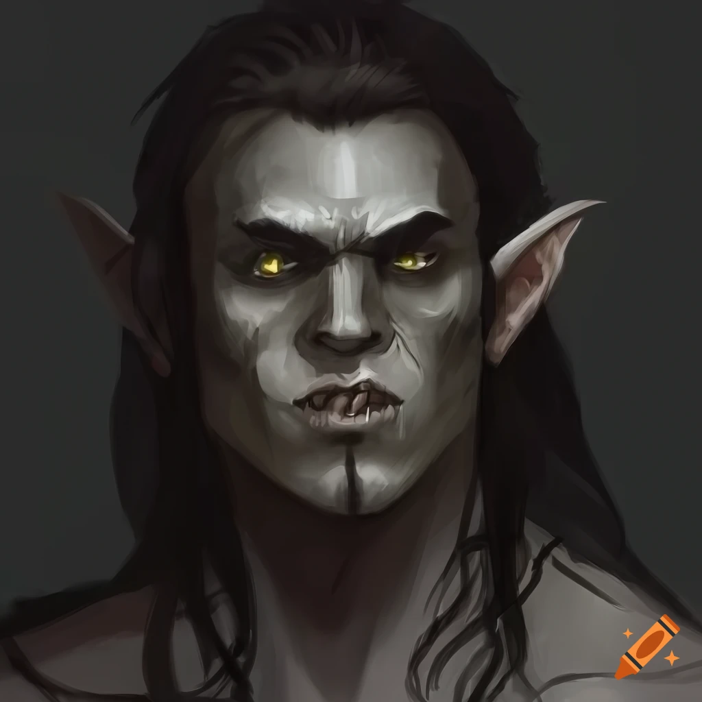 Portrait of a male half-orc half-human, dark gray skin ,long dark hair ...