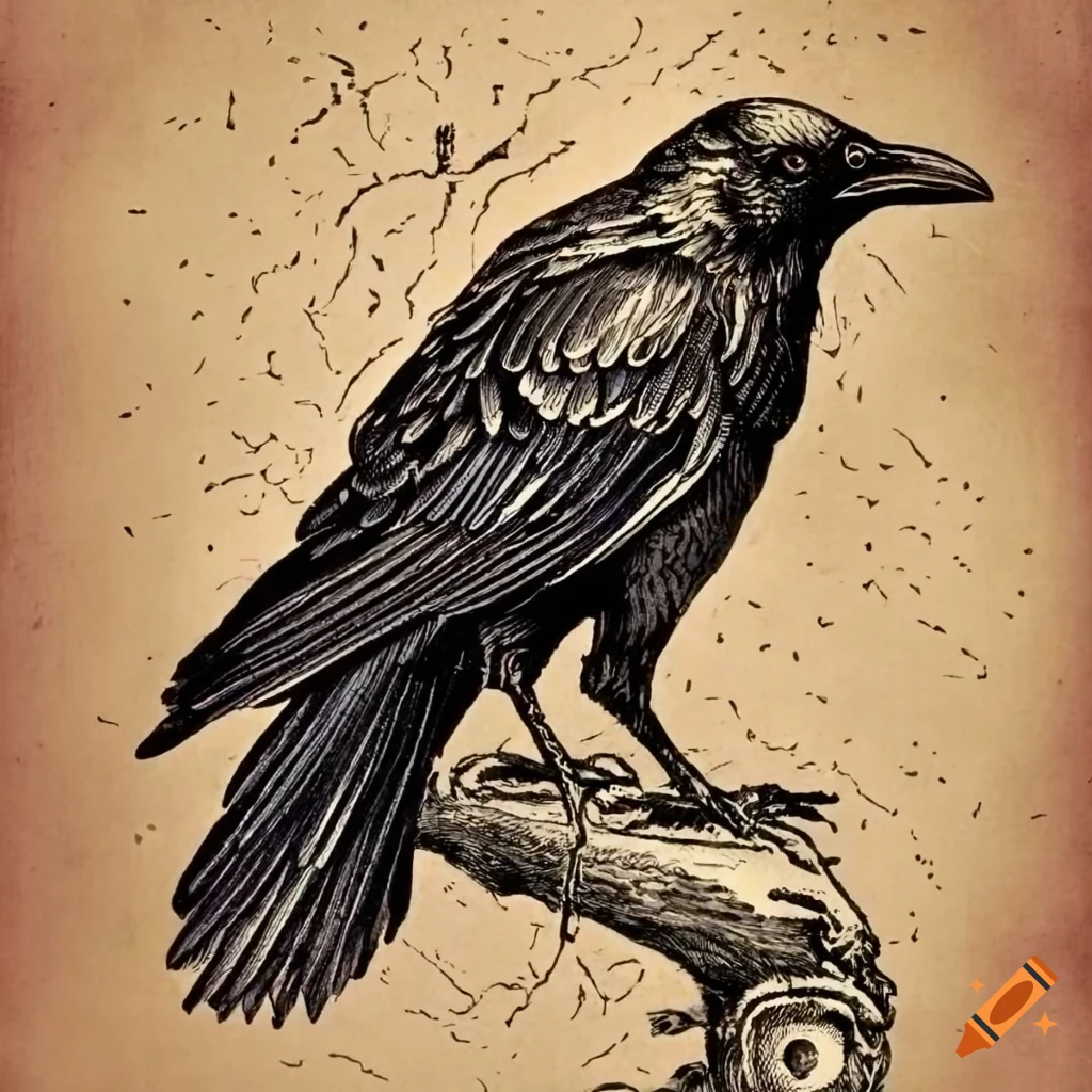 Crow in the style of old engraving similar to bills on Craiyon