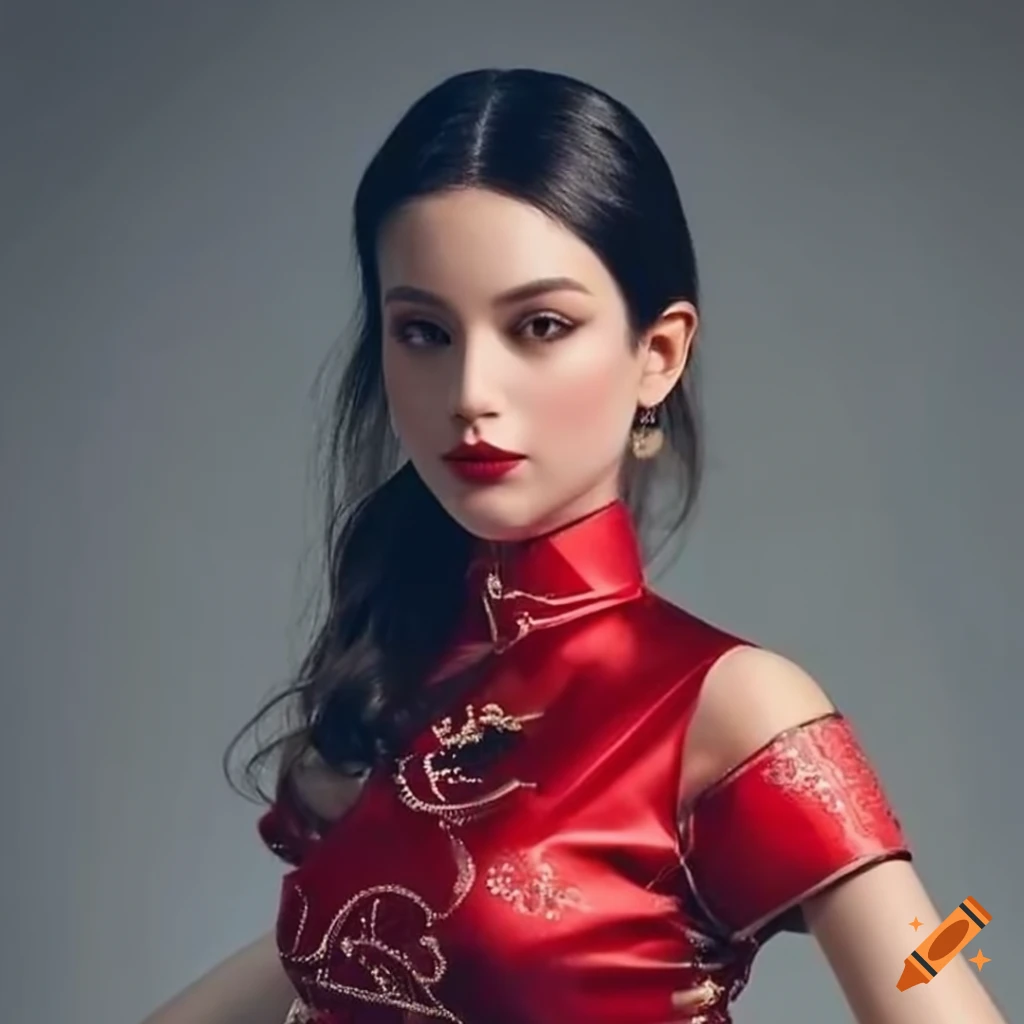 Brunette French Girl Named Camille Lasserre Wearing Red Cheongsam