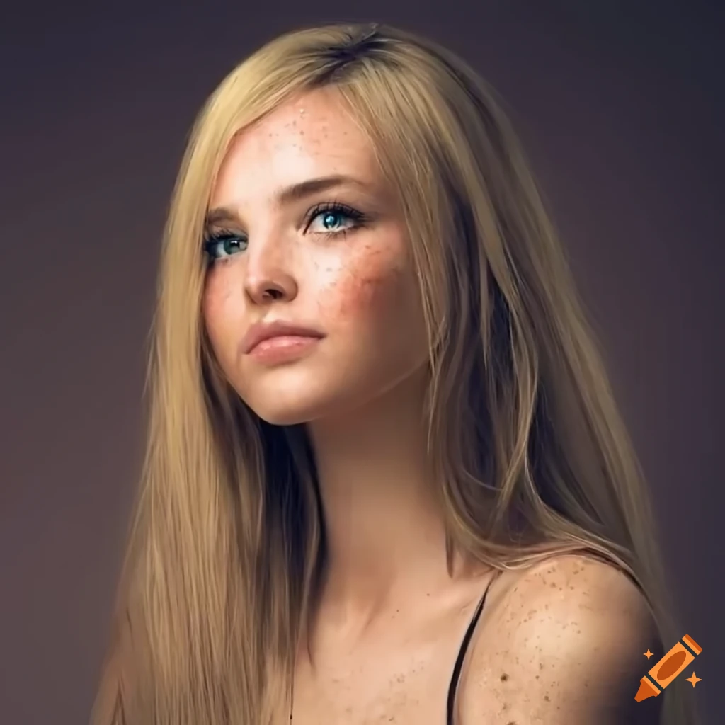 Beautiful Young Woman Delicate Freckles Shy Smile Shoulder Length