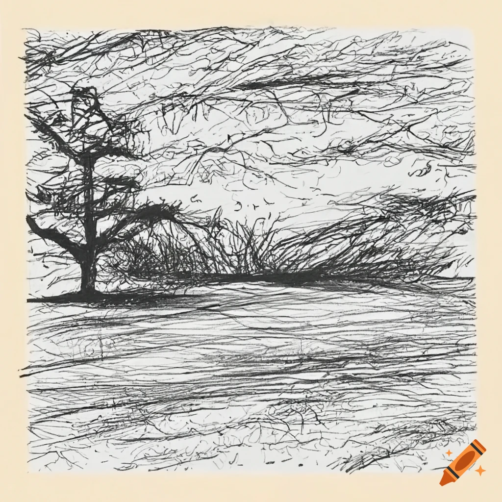 A field and a tree, rough pencil drawing draft