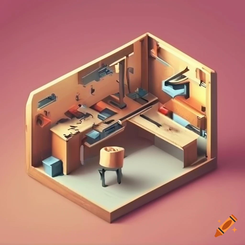 Deailled 3d isometric illustration of a carpenter workshop