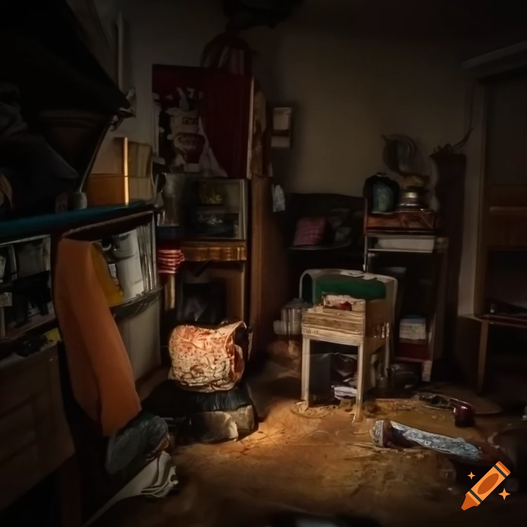 Cramped cluttered room full of junk on Craiyon