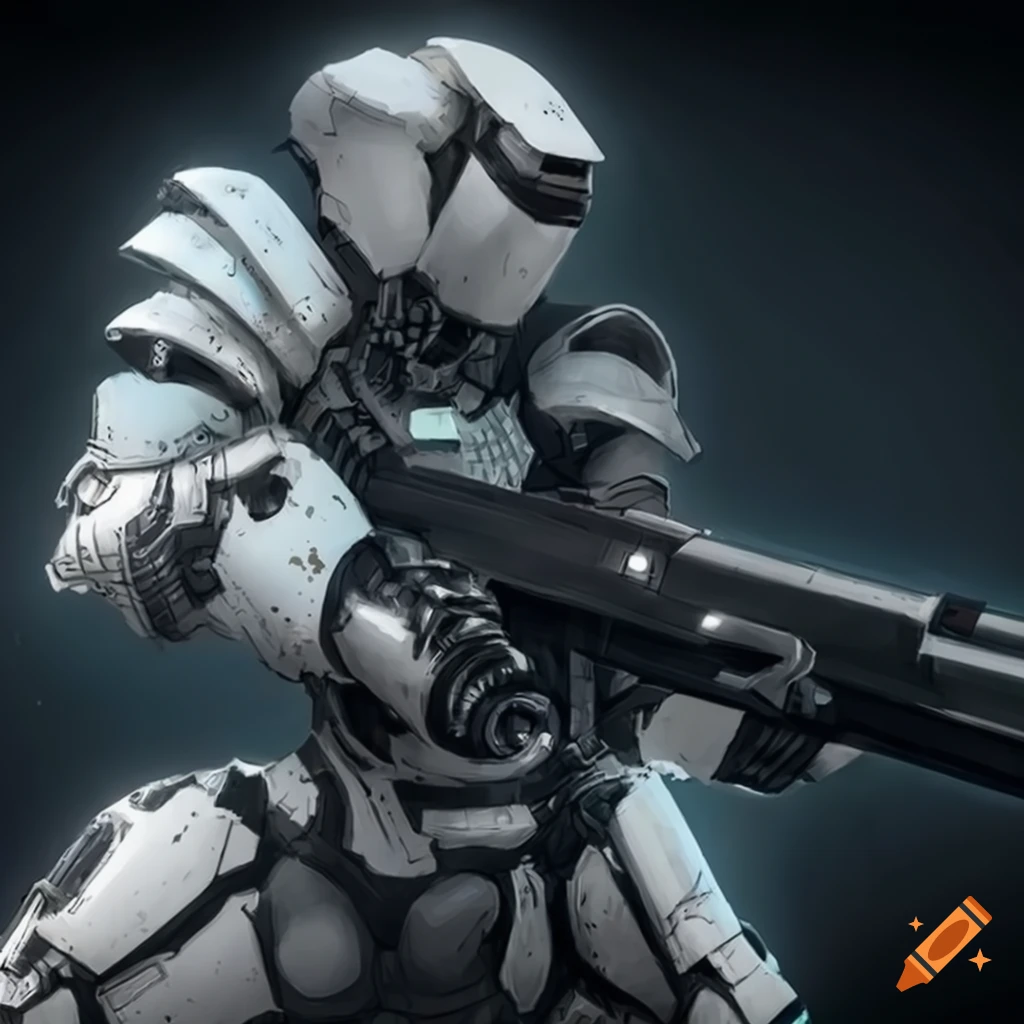Futuristic white mechanical armor with cannons