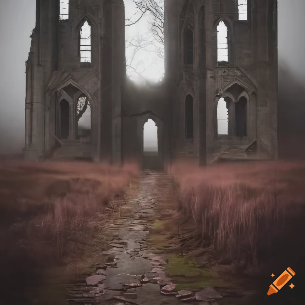 Eerie gothic mansion ruins emerging from the foggy moorland on Craiyon