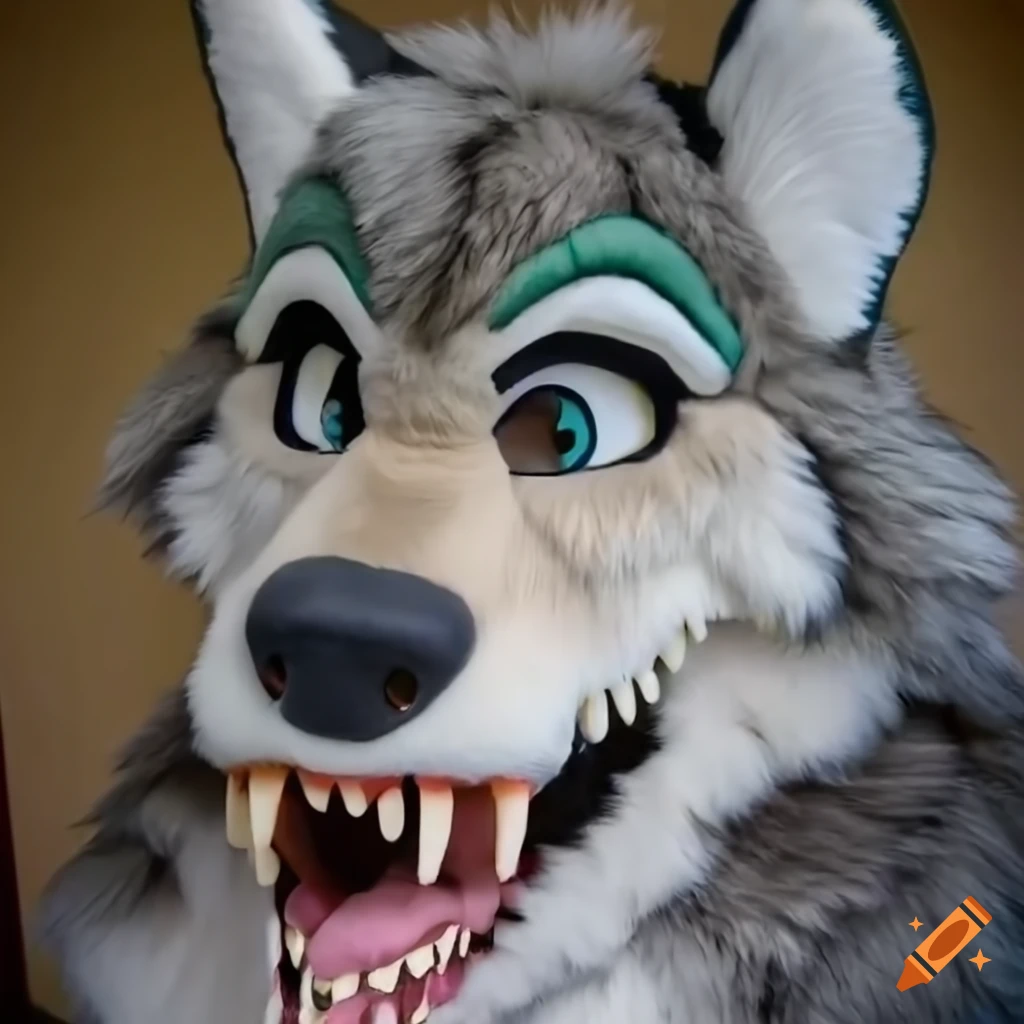 Wolf fursuit head with an open maw facing straight towards the camera ...