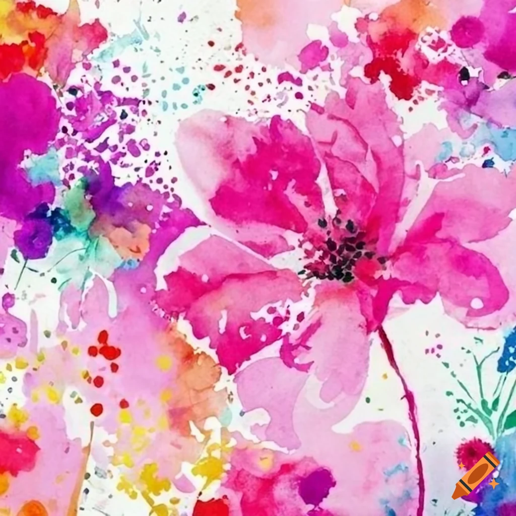 Illustration watercolors splatter art flowers, pink and white on Craiyon