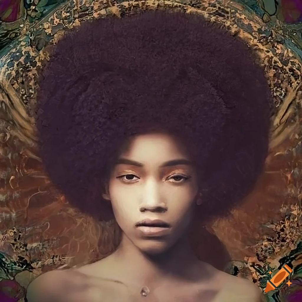 Plain portrait,afro person, textured abstract hair, Surreal planets, dreamy landscapes, portals ...