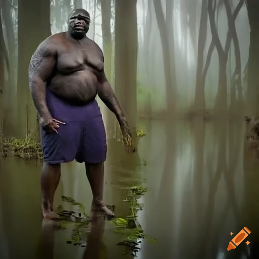 Shaquille O'Neal stalking an Australopithecus in a foggy swamp on Craiyon