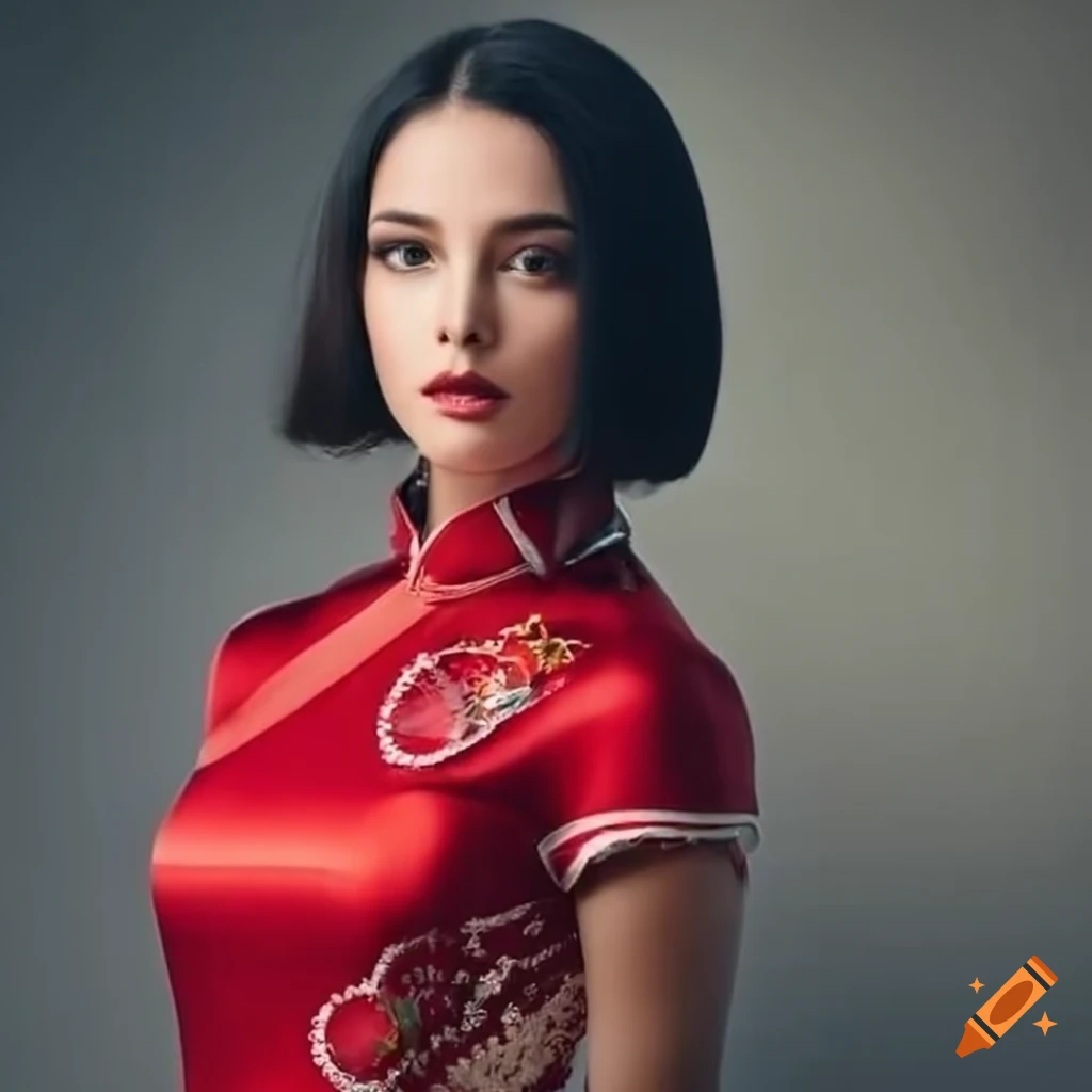 Brunette French Girl Named Camille Lasserre Wearing Red Cheongsam