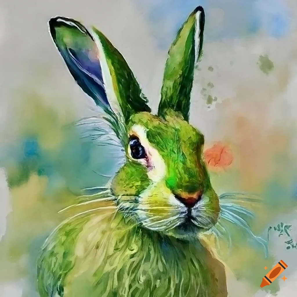 Oil painting, digital painting, watercolor drawing of a green hare in ...