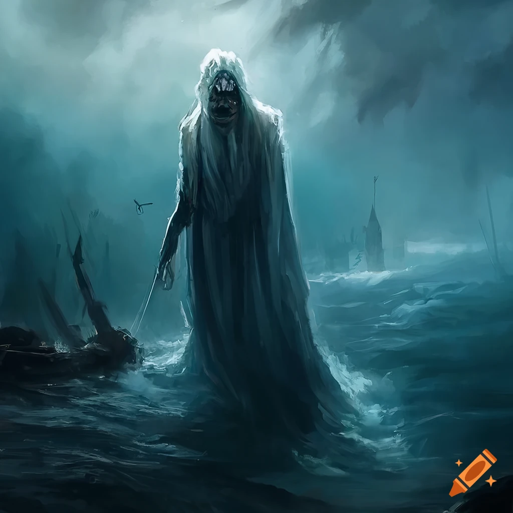 A scary sinister ghost coming out of the sea, by greg rutkowski on Craiyon