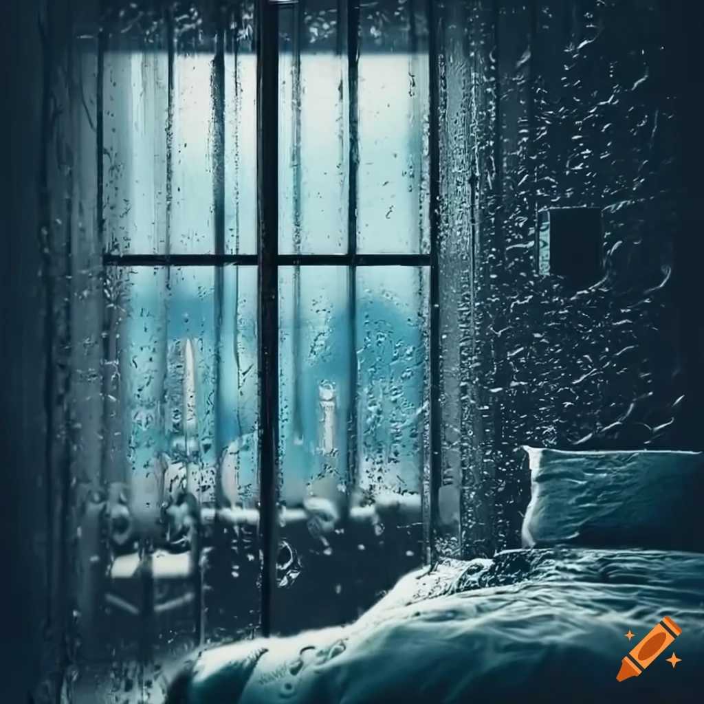 A city view bedroom with a large window and rain outside on Craiyon