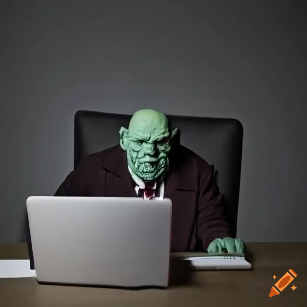 A sad ogre working in a dark office on Craiyon