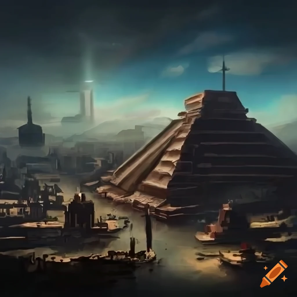 Concept art of futuristic tenochtitlan cityscape