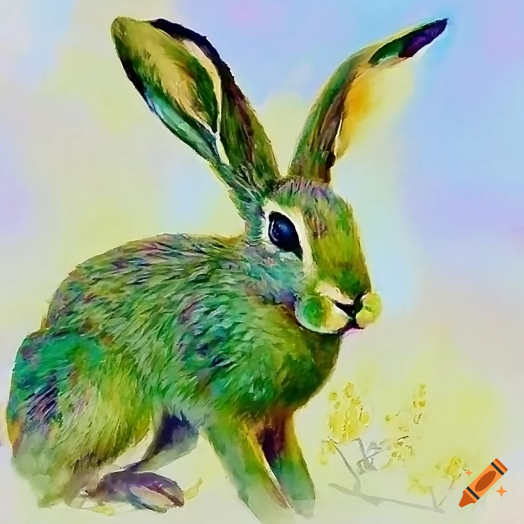 Oil painting, digital painting, watercolor drawing of a green hare in ...
