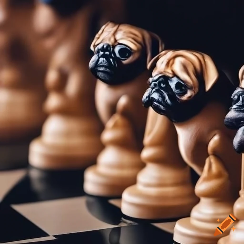Row of pug-themed chess pieces on a chessboard