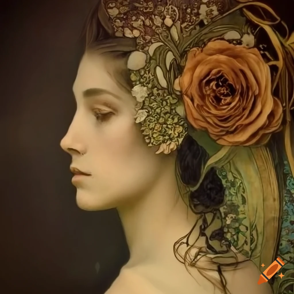 Portrait, detailed,surreal,hair like flowers in the art style of Gustav ...