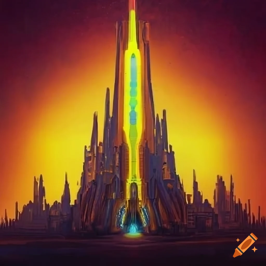 Yellow 70s sci fi sparkle engine art