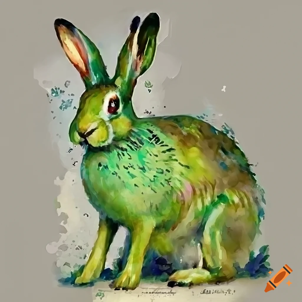 Oil painting, digital painting, watercolor drawing of a green hare in ...