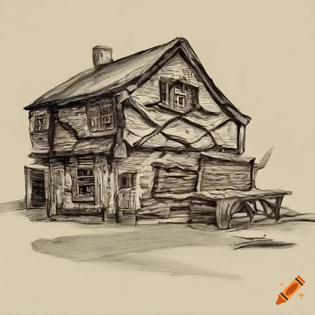 Pencil sketch of a stone and wood tavern with a sign on the door 'the ...