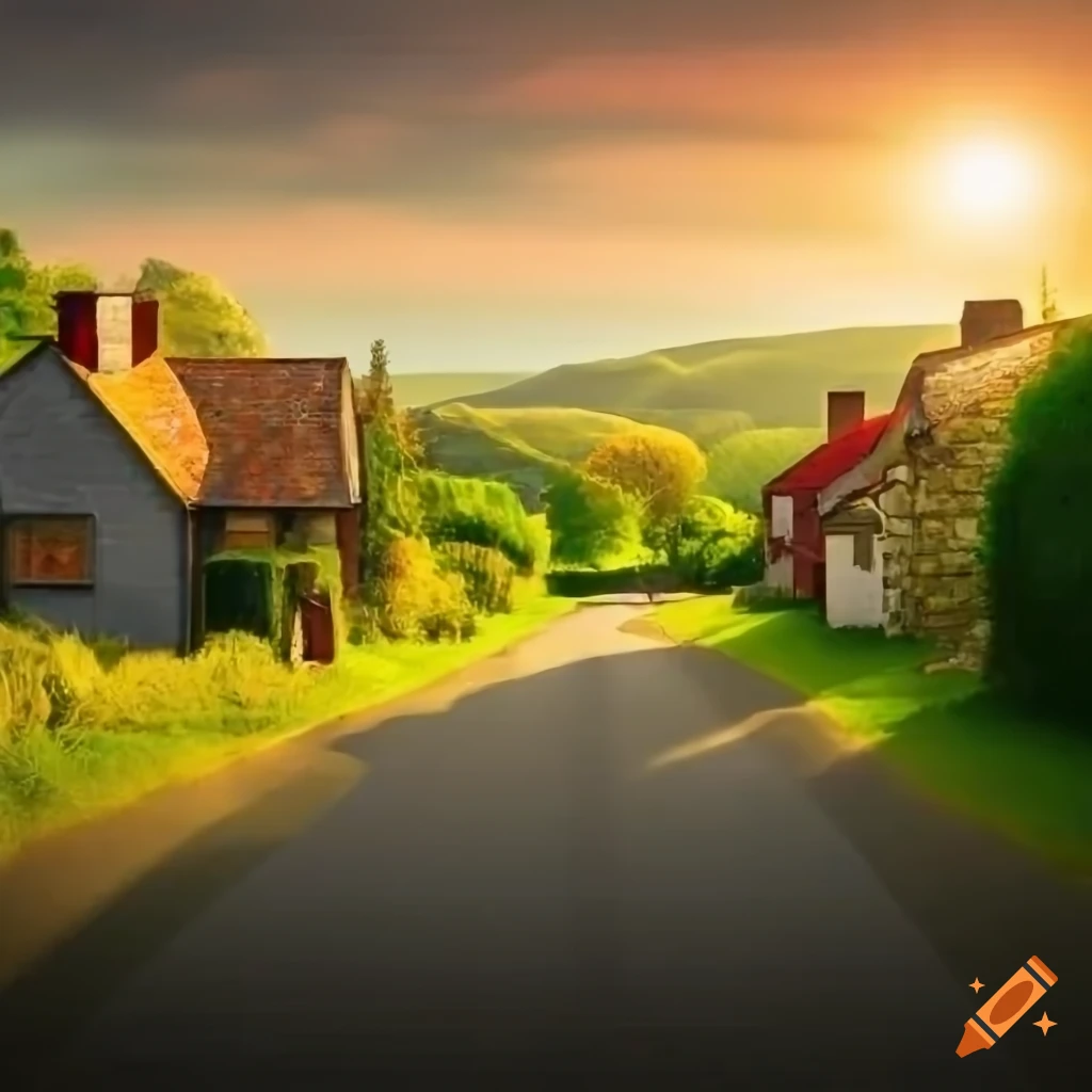 A quiet country street with beautiful cottages hills in the background ...
