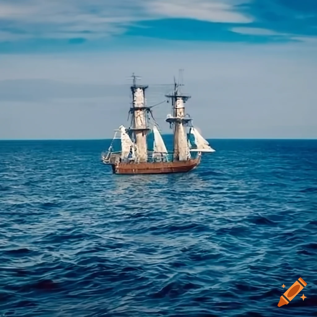 Image of a ship captain leading the crew as he guides the boat at sea ...