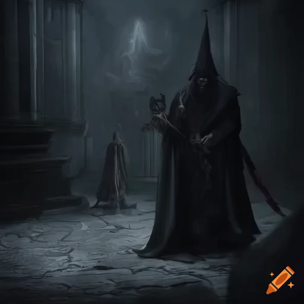 A dark fantasy scene with an evil wizard standing over fallen heroes