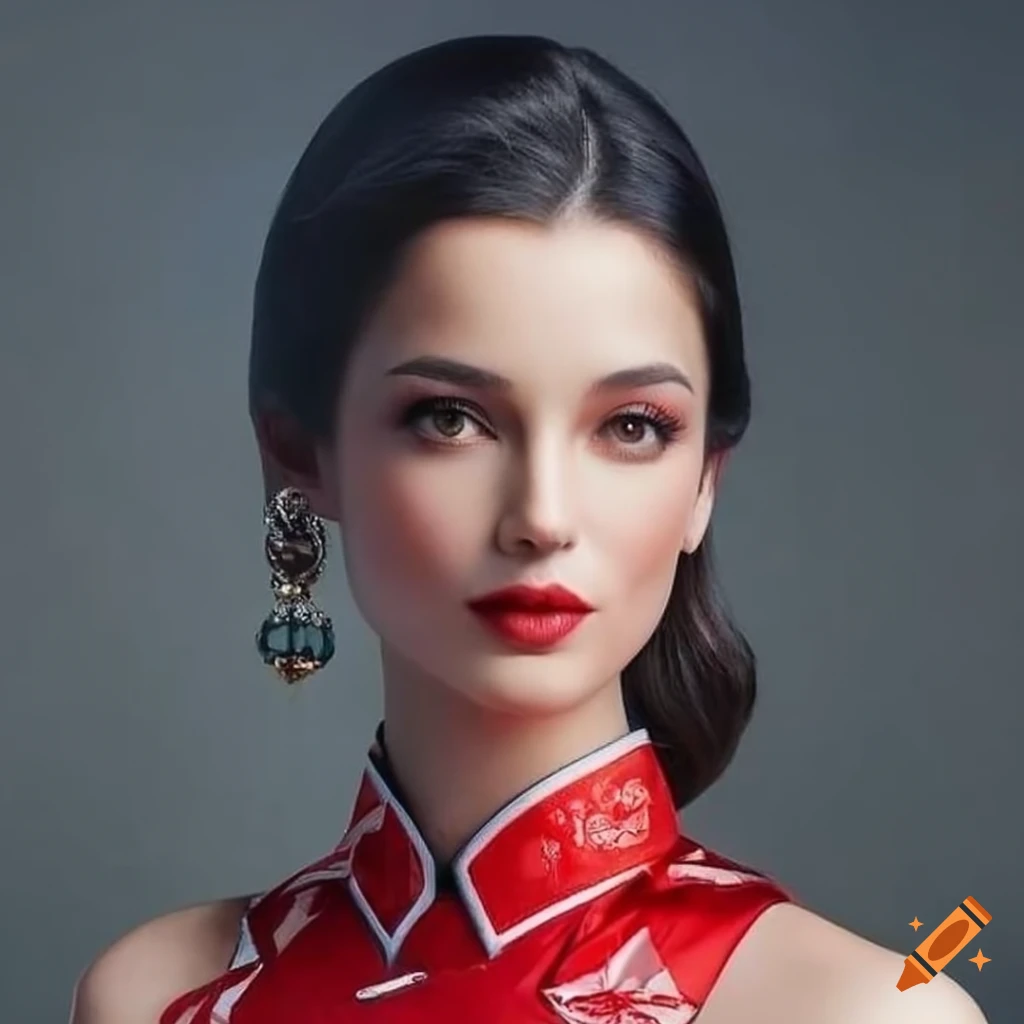Brunette french girl named camille lasserre wearing red cheongsam