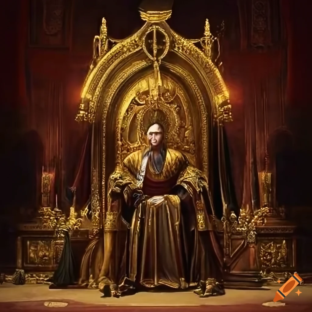 In the dimly lit chamber, the emperor sits regally upon a grand, ornate ...