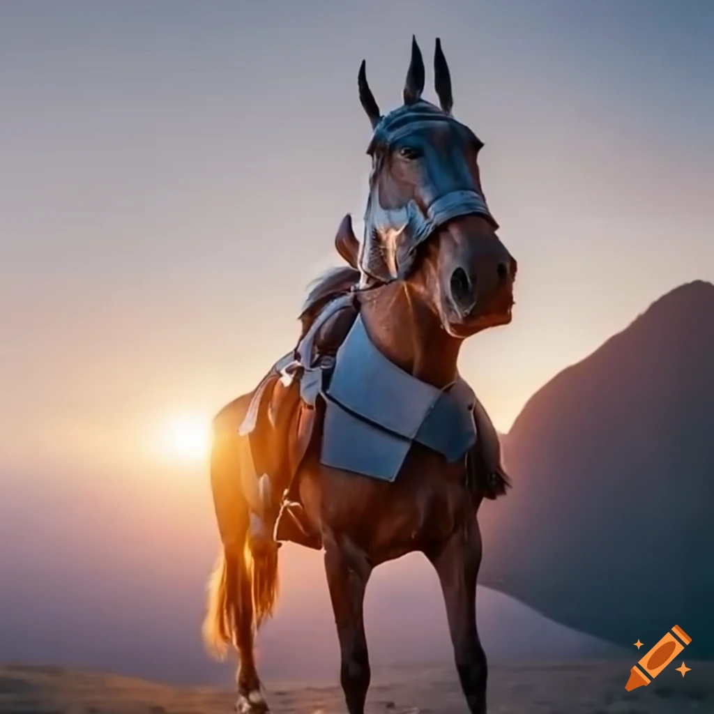 Horse in armor in legendary pose above the mountain during sunset on ...