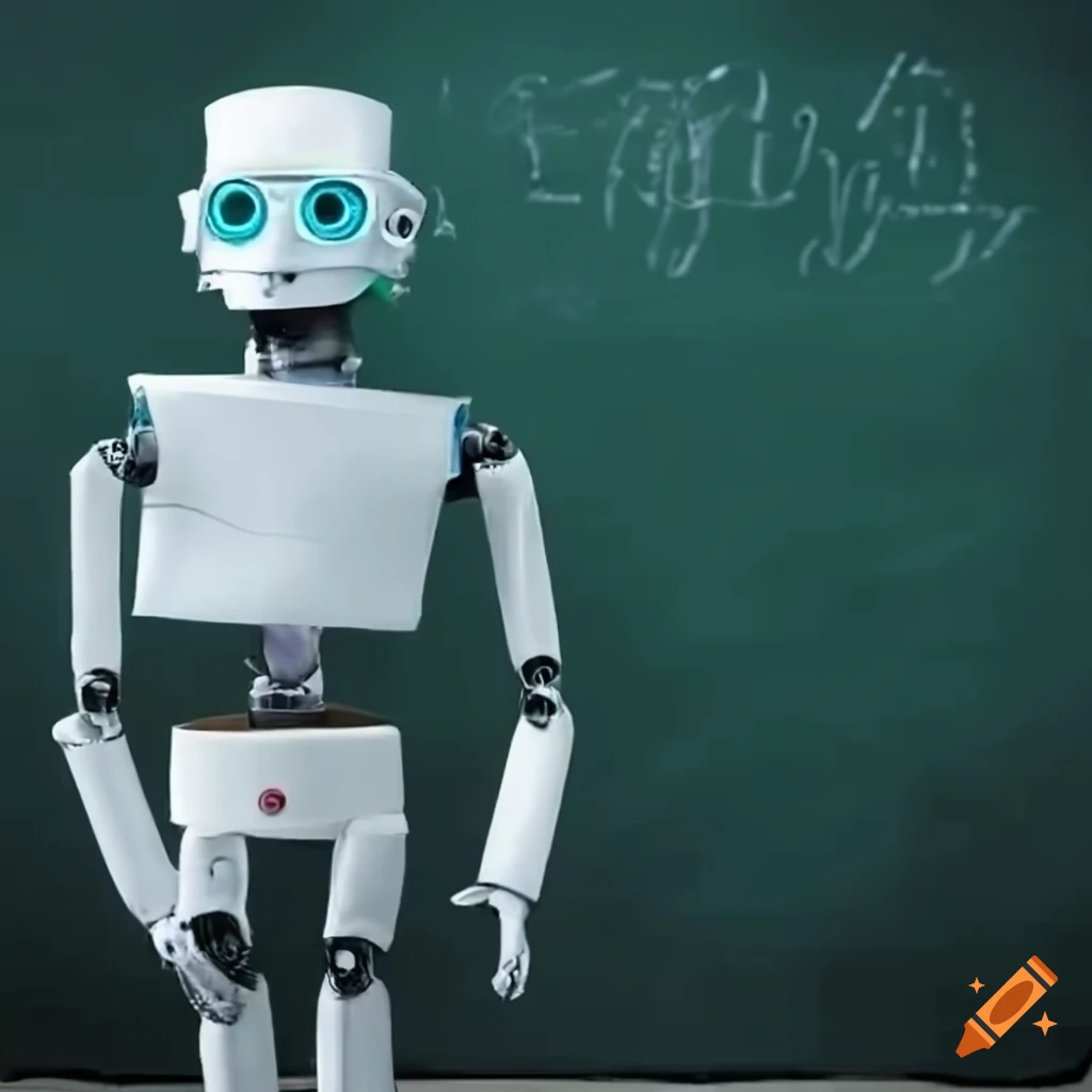 Robot grammar teacher standing at chalkboard