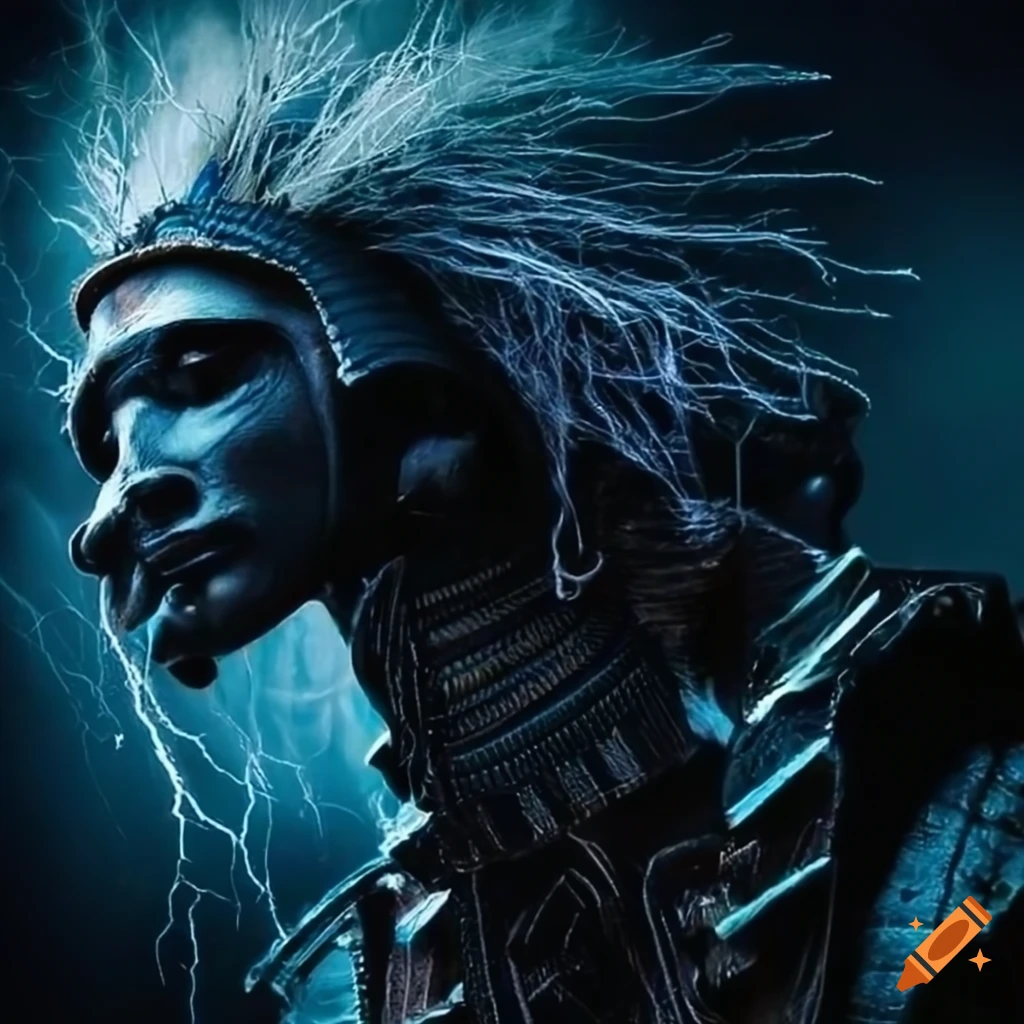 Samurai electric, king of the storm, with blue eyes on Craiyon
