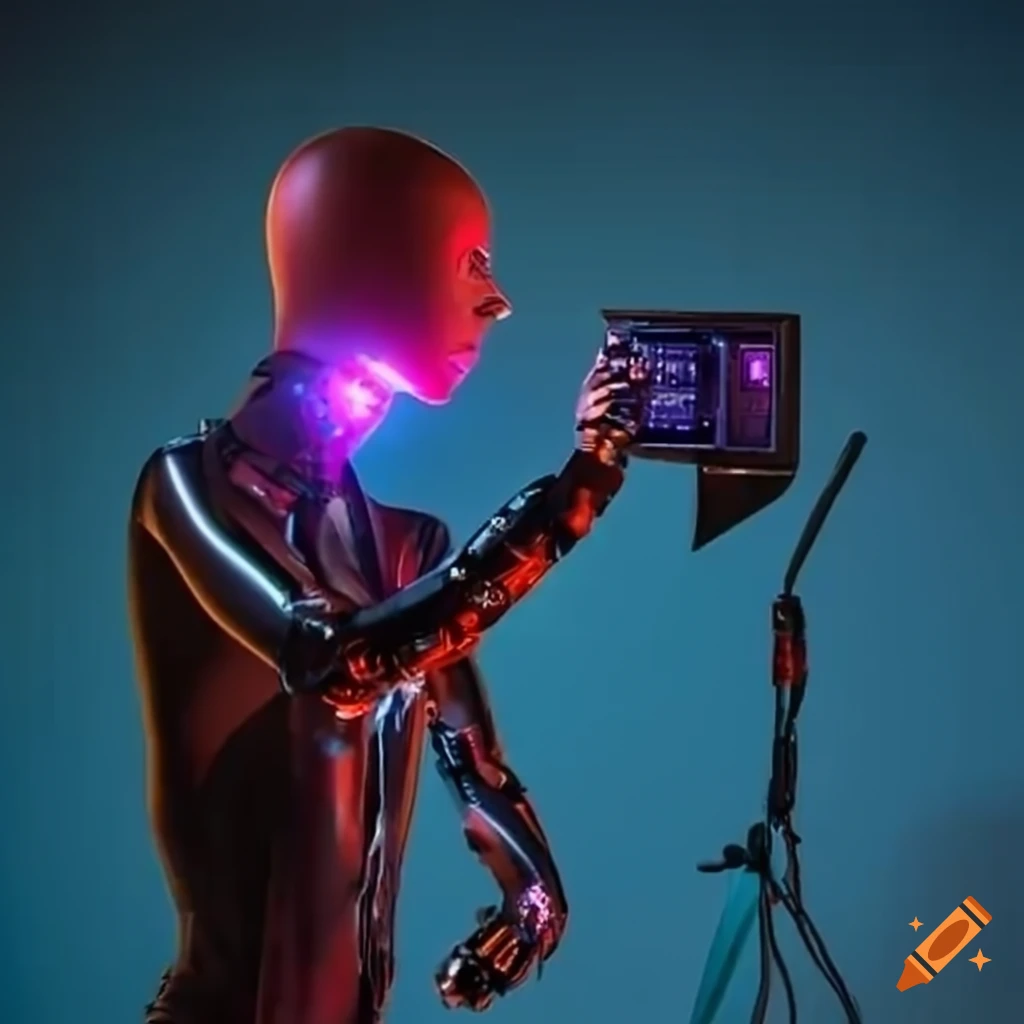 A futuristic humanoid with a tv head jamming in a vibrant room on Craiyon