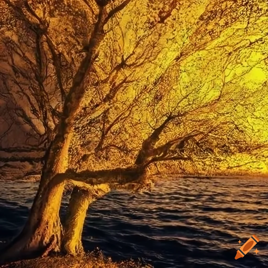 Imagen /walking golden trees over the ocean in a double sunlit sky ...
