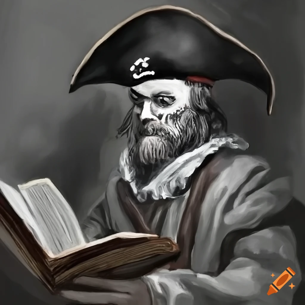 An inspired pirate reading an old book in a library on Craiyon